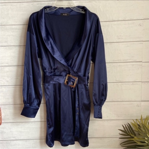 Boutique 9 | Dresses | Misc Blue Satin Belted Dress | Poshmark